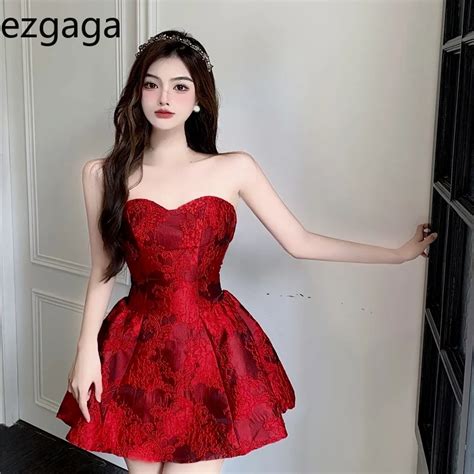Ezgaga 여성용 프렌치 스타일 빈티지 프린트 섹시 드레스 스트랩리스 레드 하이 웨이스트 볼 가운 드레스 봄 패션 파티 클럽웨어 드레스 AliExpress