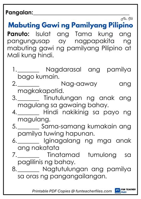 Mabuting Gawi Ng Pamilyang Pilipino Worksheet 1 Fun Teacher Files
