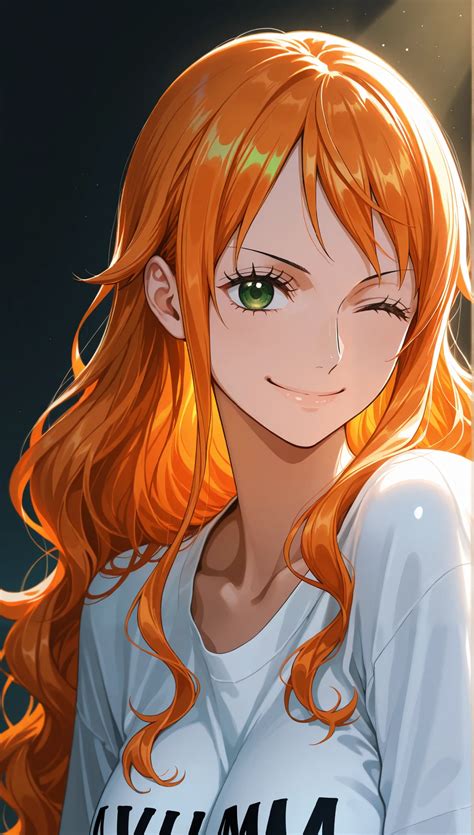 Anime Girl With Long Red Hair And Green Eyes In A White Shirt（nami One