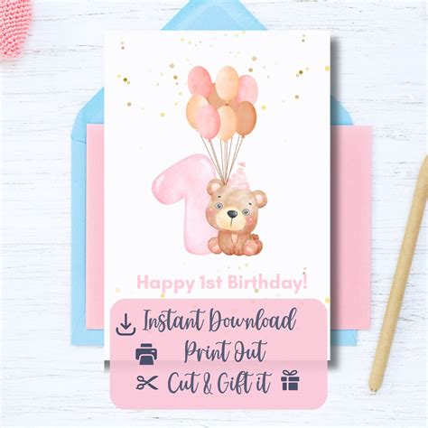 1st Birthday Card T For Girl Pink First Birthday Card Printable