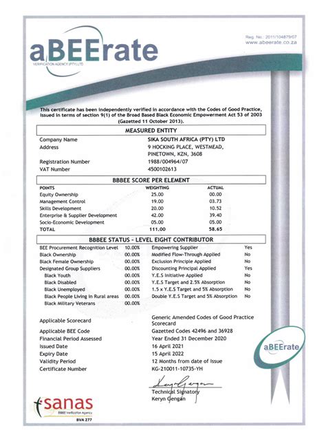 Sika B Bbee Verification Certificate Sika South Africa Pty Ltd Pdf