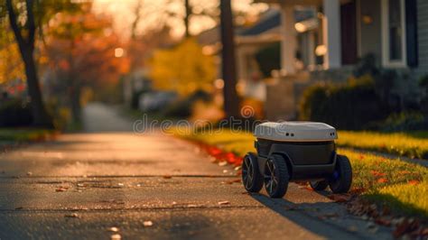 A Small Delivery Robot Is Sitting On The Side Of A Street Ai Stock Image Image Of Robot