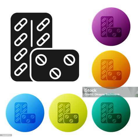 흰색 배경에 격리 된 블리스터 팩 아이콘에 검은 알 약 태블릿용 의료 용 약물 패키지 비타민 항생제 아스피린 아이콘 다채로운 원 버튼을 설정합니다 벡터 일러스트레이션 건강