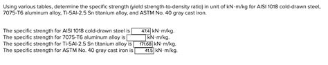 solved using various tables determine the specific strength