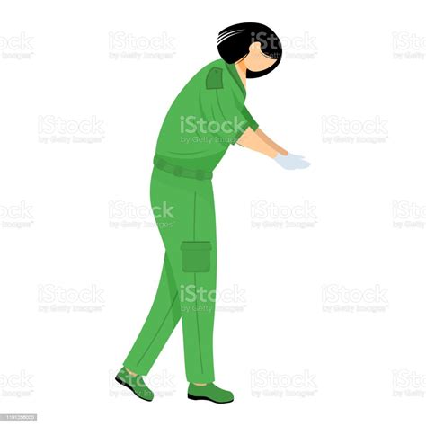 구급 대 위쪽 벡터 그림입니다 응급 의사 녹색 유니폼을 입은 구조자 Emt 만화 캐릭터 응급 처치 긴급 의료 종사자 흰색 배경에 고립 된 전문가 가공의 인물에 대한 스톡