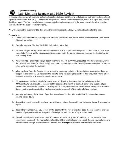 Lab Limiting Reagent And Mole Review