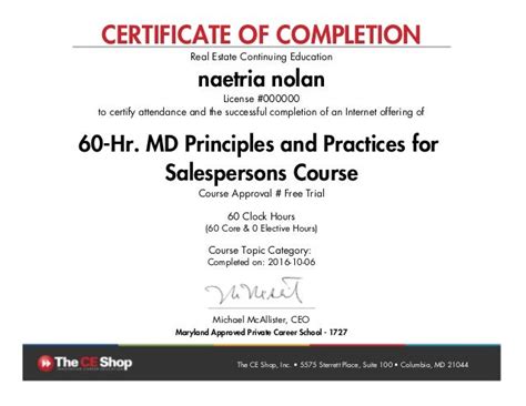 Real Estate License Course Completion Certificate 2016
