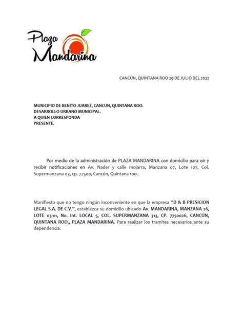 Carta De Anuencia Vecinal Para Negocio Pdf