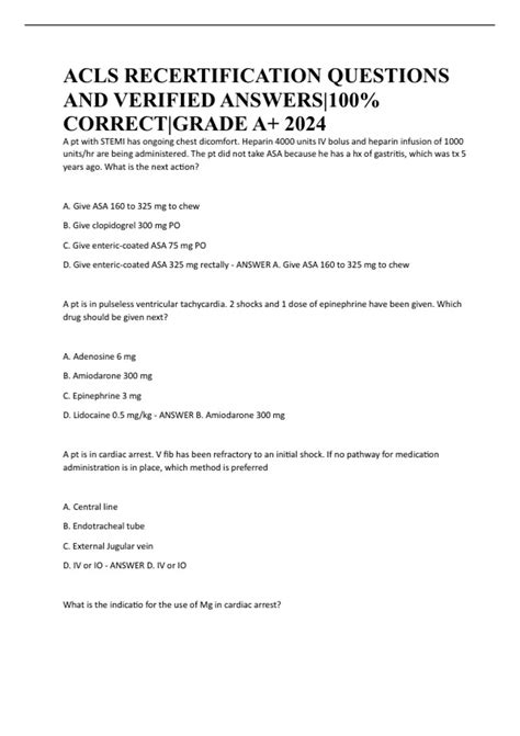 Acls Recertification Questions And Verified Answers 100 Correct Grade A 2024 Acls Stuvia Us