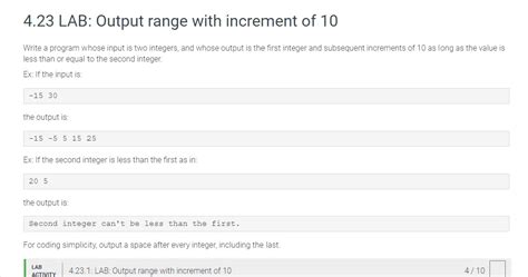 solved 4 23 lab output range with increment of 10 write a