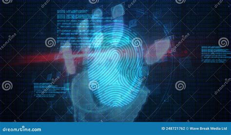 Human Hand Scanning Over Fingerprint Biometric Scanner Against Data Processing On Blue