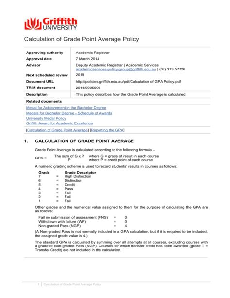 Gpa Calculation Policy Griffith University