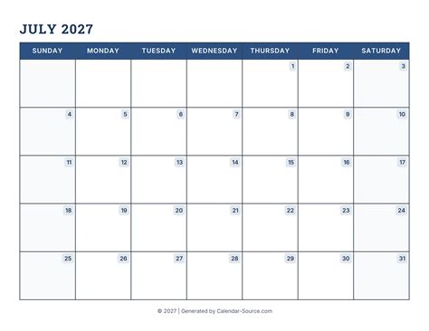 July 2027 Calendar Printable