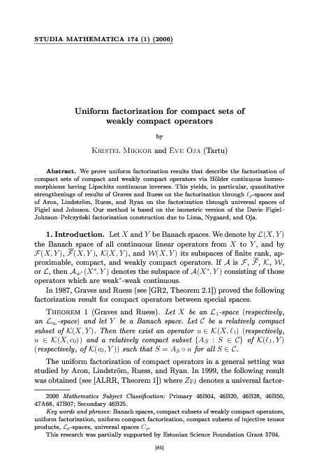 Pdf Uniform Factorization For Compact Sets Of Weakly Compact Operators