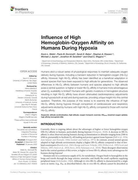 Pdf Influence Of High Hemoglobin Oxygen Affinity On Humans During Hypoxia