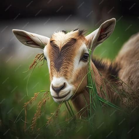 Premium Photo Farming Domestic Goat Eating Grass Ai Generated