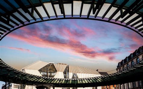 Strasbourg Home De Fer Train Station Glass Ceiling Sunset Sky Stock