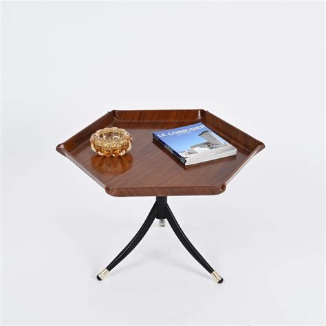 Hexagonal Side Table In Bent Teak And Metal Attributed To Campo E