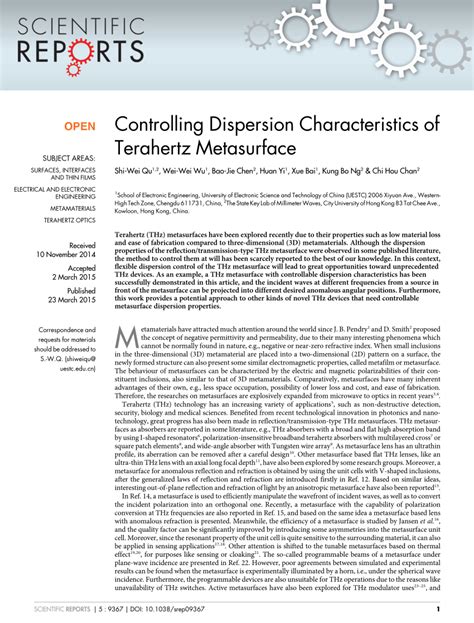 Pdf Controlling Dispersion Characteristics Of Terahertz Metasurface