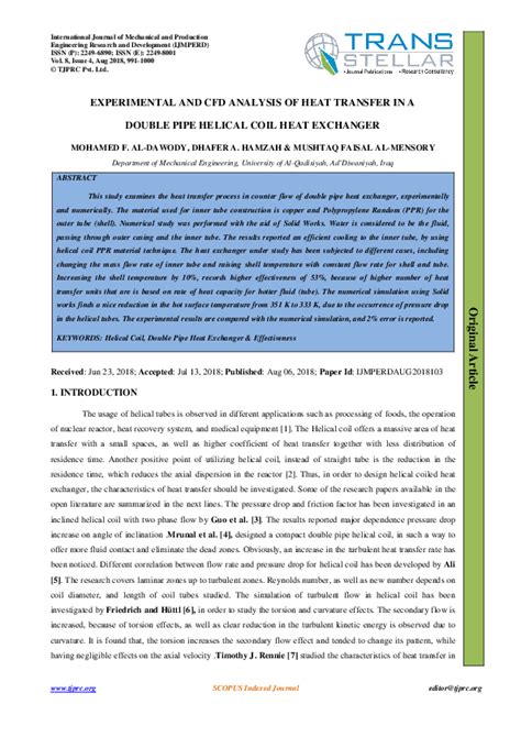 Pdf Experimental And Cfd Analysis Of Heat Transfer In A Double Pipe