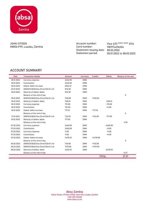 Zambia Absa Bank Statement Template In Word And Pdf Format Mr Verify