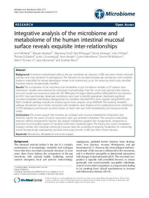 Pdf Integrative Analysis Of The Microbiome And Metabolome Of The Human Intestinal Mucosal