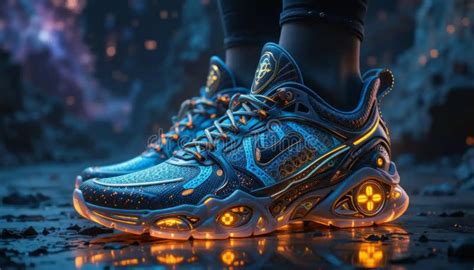Futuristic Sneakers Glowing In Dark Cyberpunk Setting High Tech