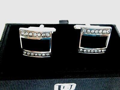 Silver And Black Enamel With Clear Stones Cufflinks Cuff Links New In