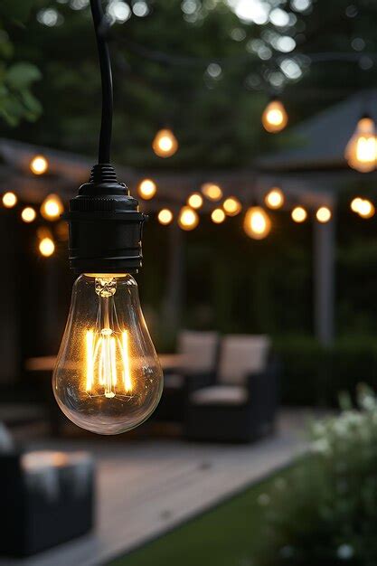 Closeup Of A Glowing Edison Bulb Hanging On A String Of Lights In A Backyard Patio Premium Ai