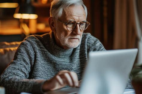 senior man in glasses looking at laptop computer screen premium ai generated image