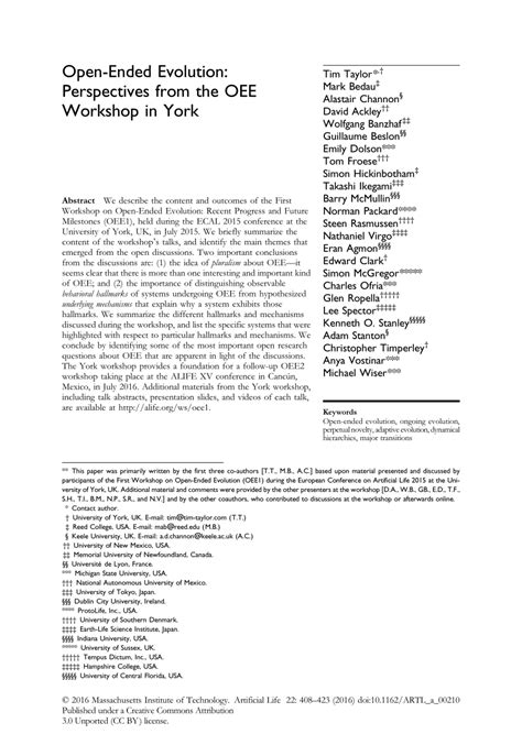 Pdf Open Ended Evolution Perspectives From The Oee Workshop In York