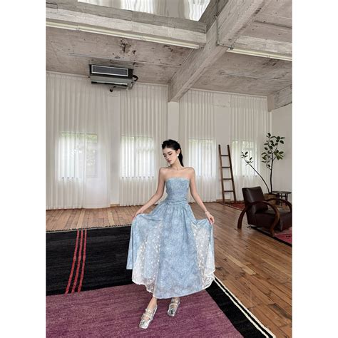 D156 法式梦幻蓝ins提花抹胸吊带连衣裙 复古度假风一字肩蕾丝拼接长裙连身裙 晚礼服晚宴裙 French Ins Jacquard