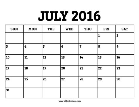 Calendar July 2016 Printable Old Calendars