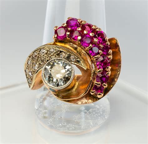 Diamond Ruby Spiral Ring Vintage 14k Rose Gold Cocktail Etsy