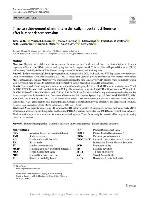 Time To Achievement Of Minimum Clinically Important Difference After Lumbar Decompression