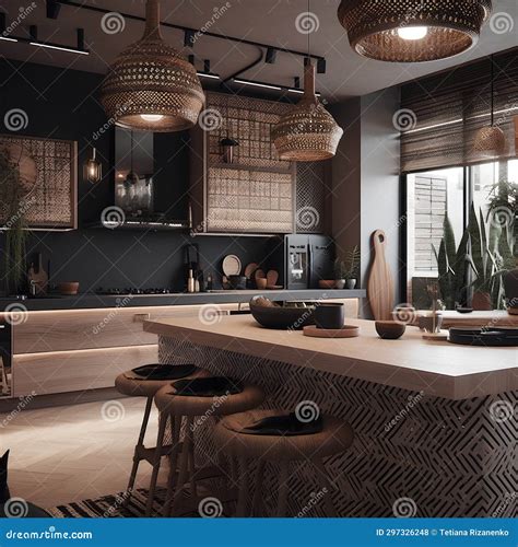 African Style Modern Kitchen Interior In Luxury House With Ethnic Decor