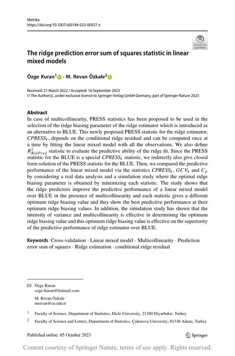 The Ridge Prediction Error Sum Of Squares Statistic In Linear Mixed Models Request Pdf