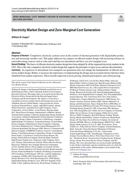 Ww Hogan Electricity Market Design And Zero Marginal Cost Generation