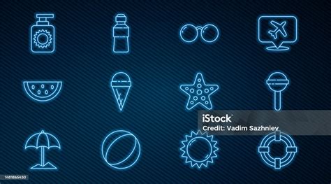 세트 라인 구명 부표 롤리팝 안경 와플 콘에 아이스크림 수박 자외선 차단제 스프레이 병 불가사리 및 물병 아이콘 벡터 0명에 대한 스톡 벡터 아트 및 기타 이미지 Istock