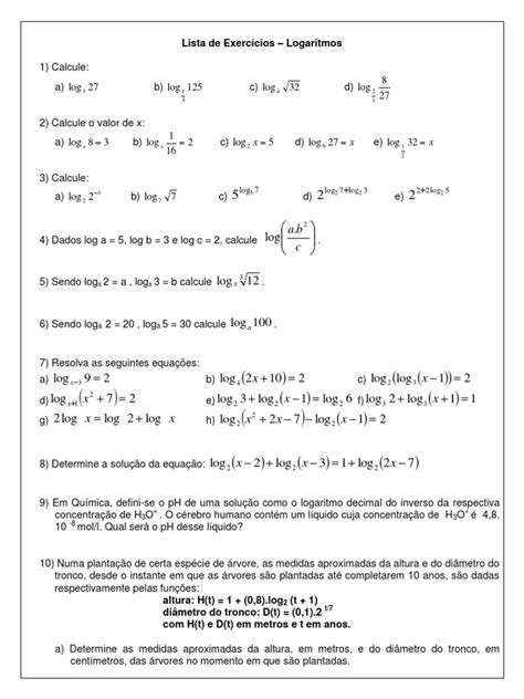 Lista De Exercícios Logaritmo Pdf Exponenciação Logaritmo
