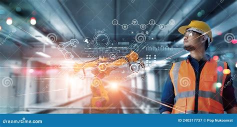 technical industrial engineer working and control robotics with monitoring system software and