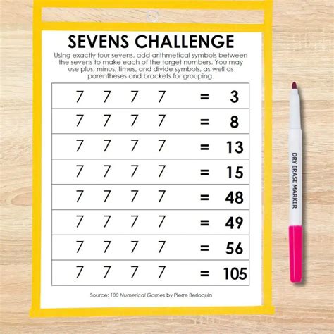 Sevens Number Challenge Free Printable Pdf