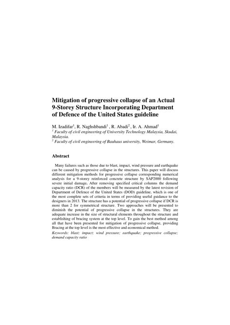 Pdf The Mitigation Of The Progressive Collapse Of A 9 Storey Structure Incorporating United