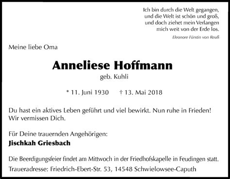Traueranzeigen Von Anneliese Hoffmann Trauer In Nrwde