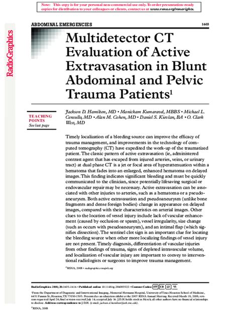 Pdf Multidetector Ct Evaluation Of Active Extravasation In Blunt