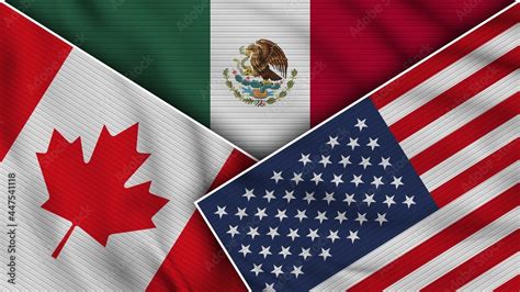 Mexico United States Of America Canada Flags Together Fabric Texture