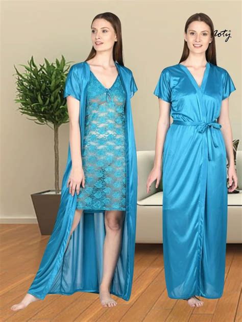 Nighty Set Satin Hot Night Slip With Robe Fiery Ferozi Ns2s 180