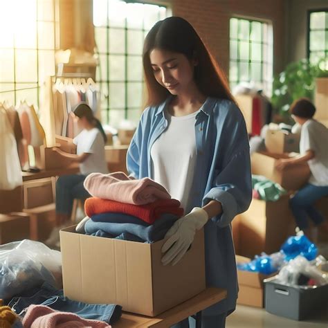 Premium Photo Volunteer Sorting Out Donated Clothes In Charity
