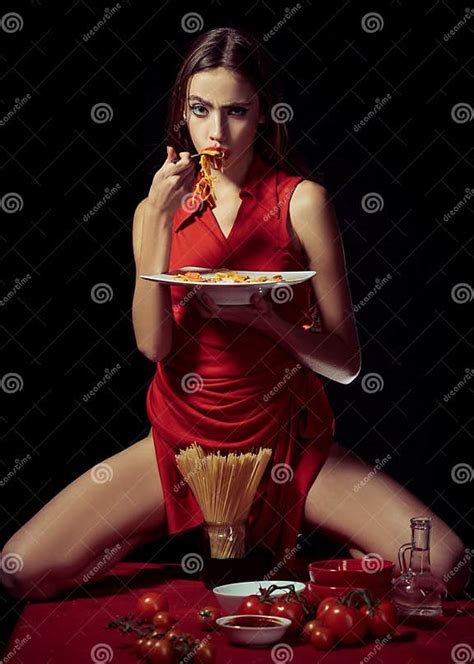 Italian Woman In Eats Spaghetti Pasta Woman Cooked Spaghetti Italian Food And Menu Concept