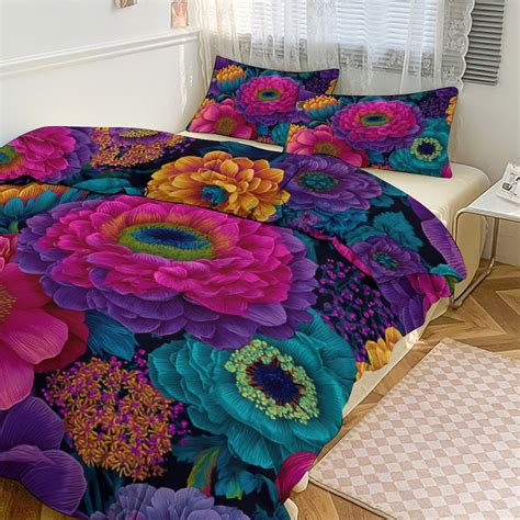 Vibrant Floral Textile Design Dark Background Bedding Set With Zipper